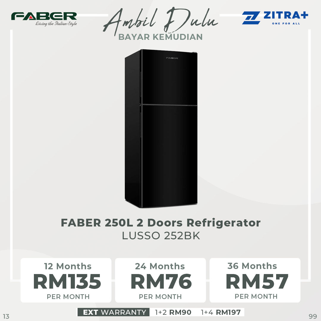 FABER 250L 2 Doors Refrigerator LUSSO 252BK | 20x Stronger Tempered Gl