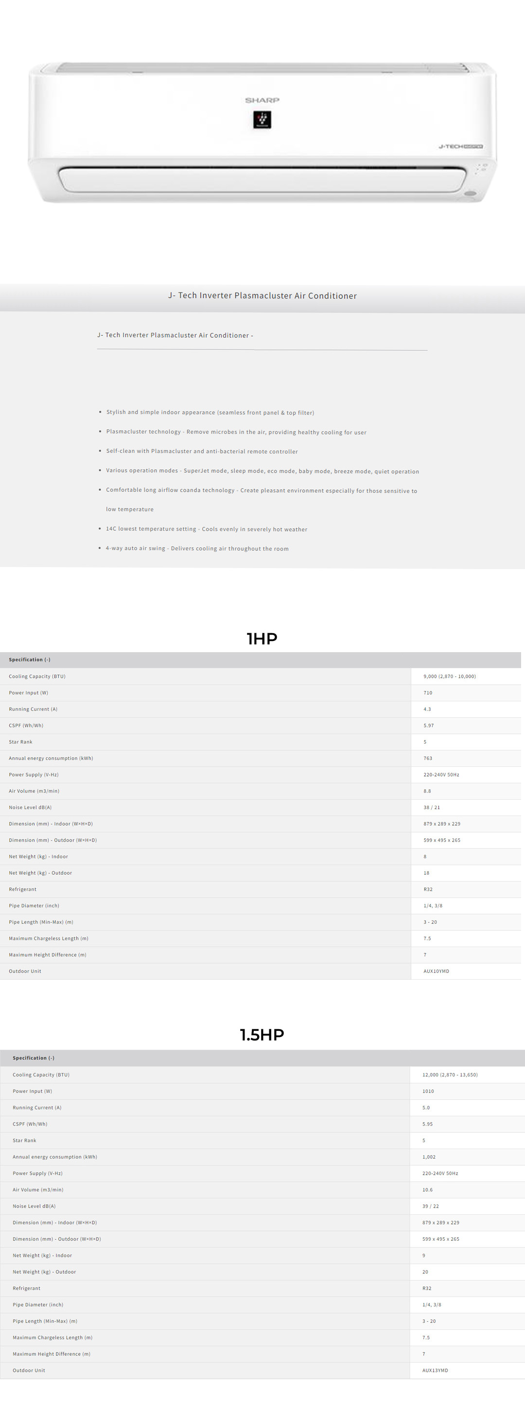 SHARP 1HP/1.5HP/2HP/ R32 J-Tech Inverter Plasmacluster Wall Mount Air