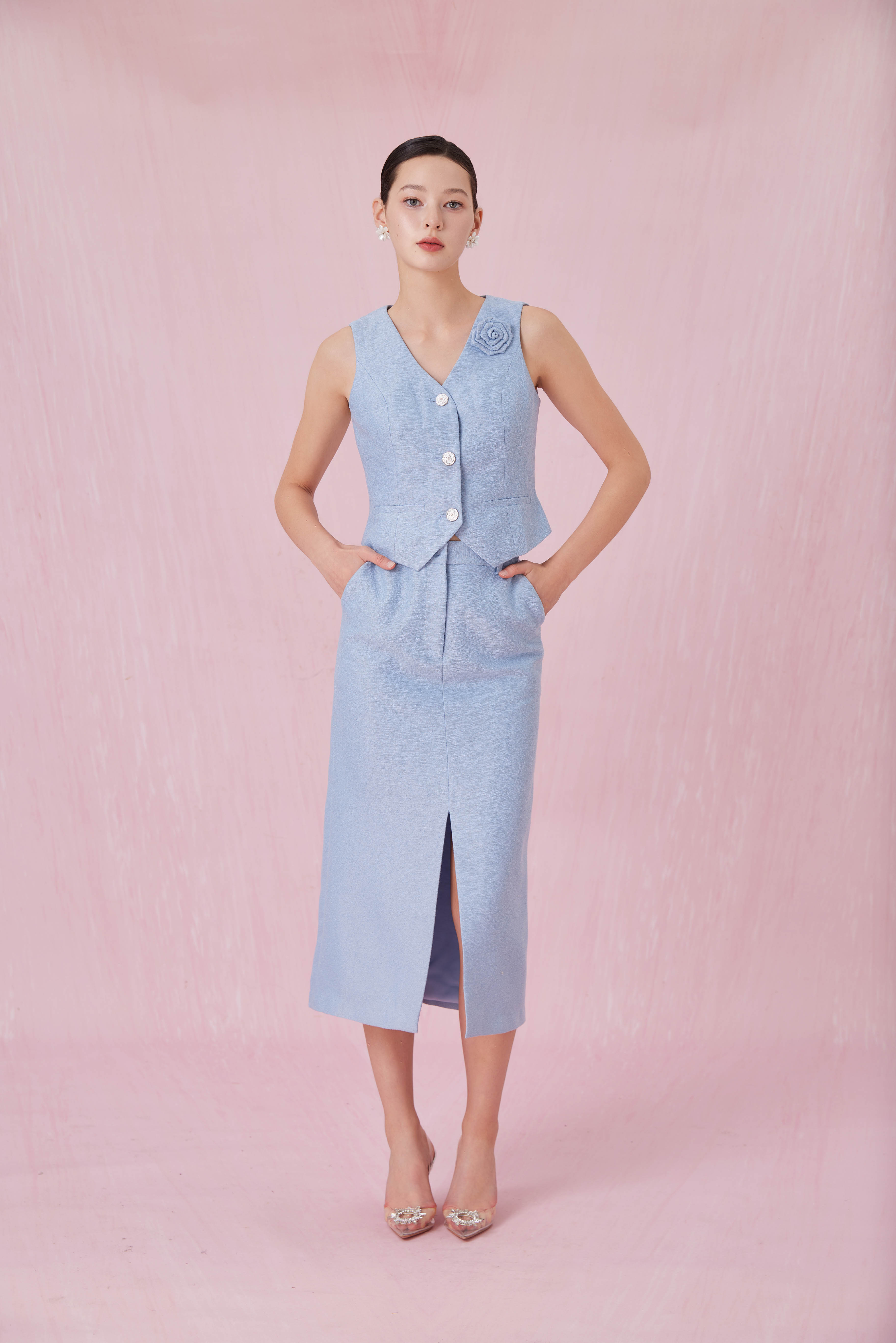 Cerrita Light Blue Tweed Straight Skirt