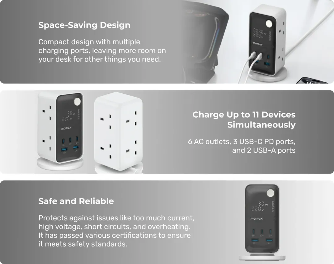 1-Charge Work Flow 6-Outlet GaN Power Tower 35W with USB Ports