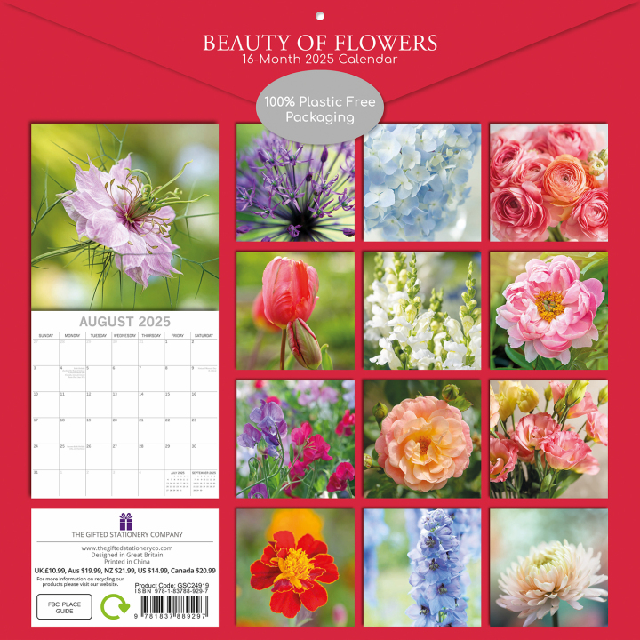 Beauty of Flowers 2025 Square Wall Calendar Floral 16-Month Premium Pl