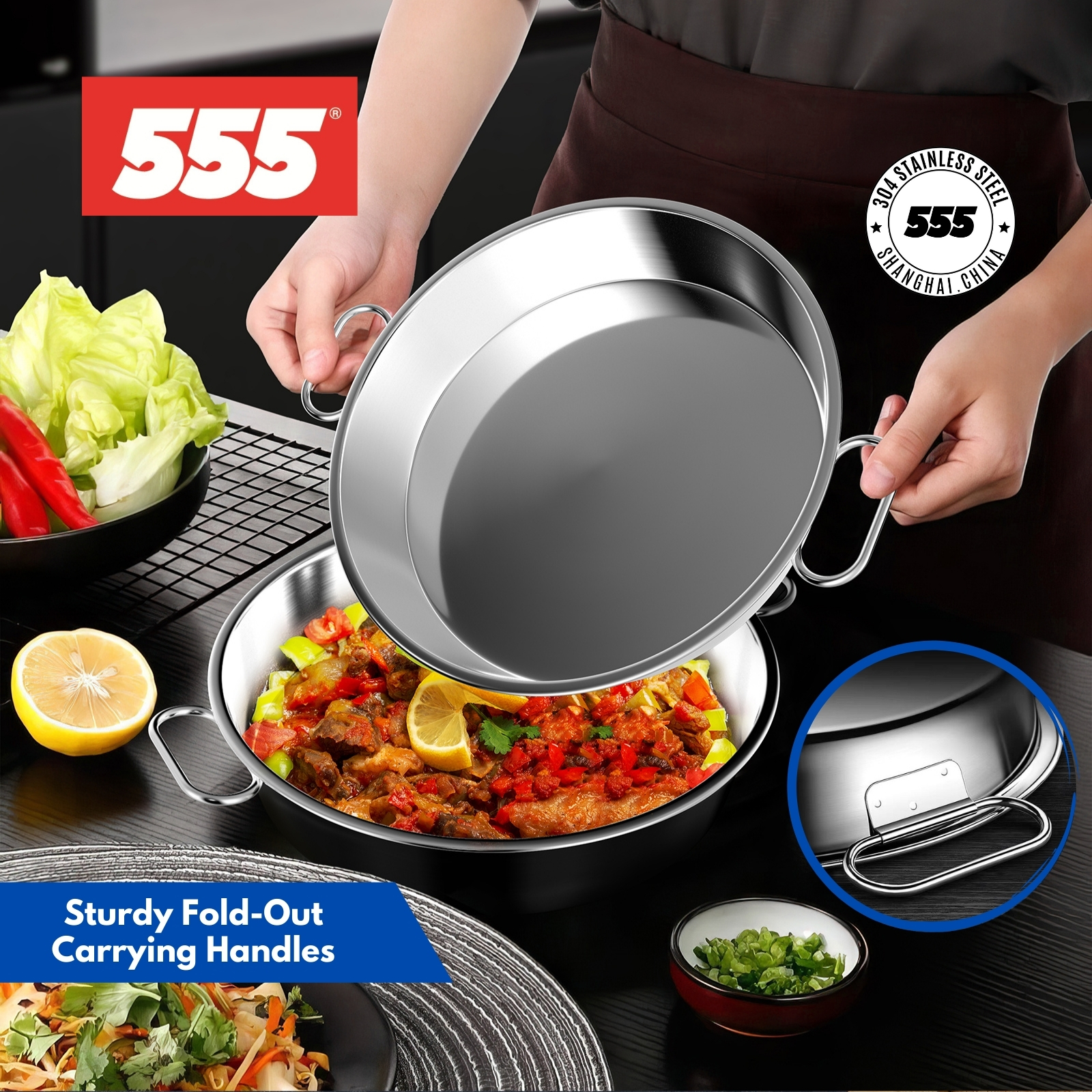 555 Premium Stainless Steel Baking Steaming Serving Pan with Carrying