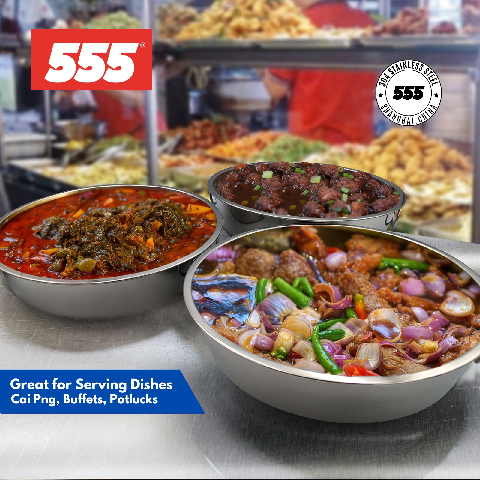 555 Premium Stainless Steel Baking Steaming Serving Pan with Carrying