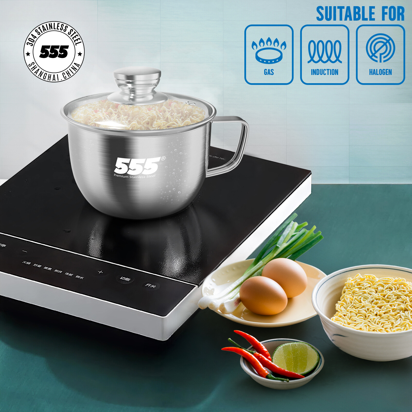 555 Stainless Steel Easi Noodle Cup 14cm - Dual Lid Tempered Glass for