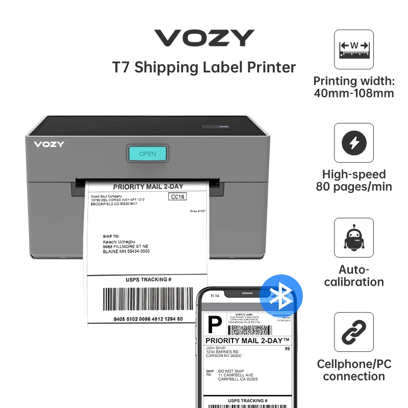 VOZY T7 Waybill Printer with Holder A6 Bluetooth USB Heavy Duty Thermal ...