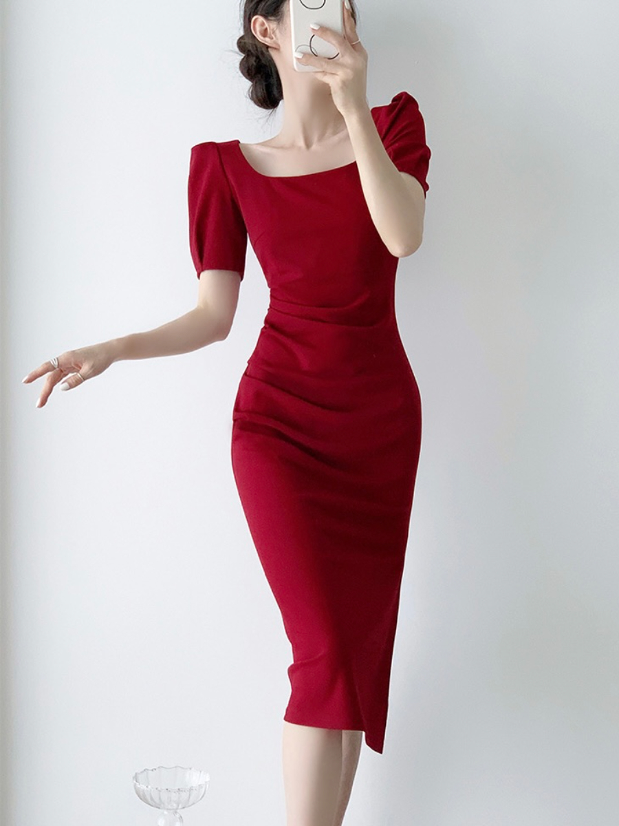 Pya Puff Sleeve Square Neck Side Slit Midi Dress The Black Bow