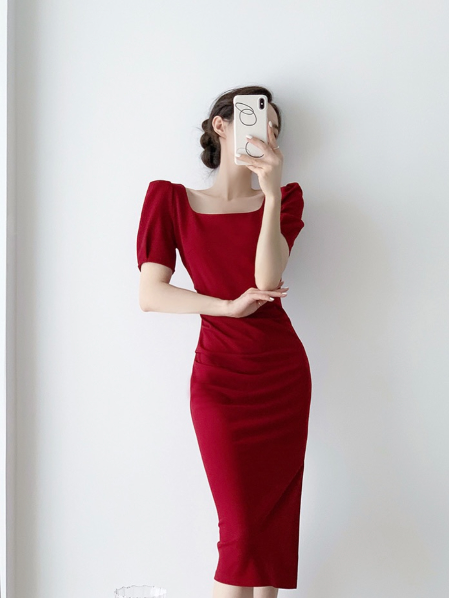 Pya Puff Sleeve Square Neck Side Slit Midi Dress The Black Bow