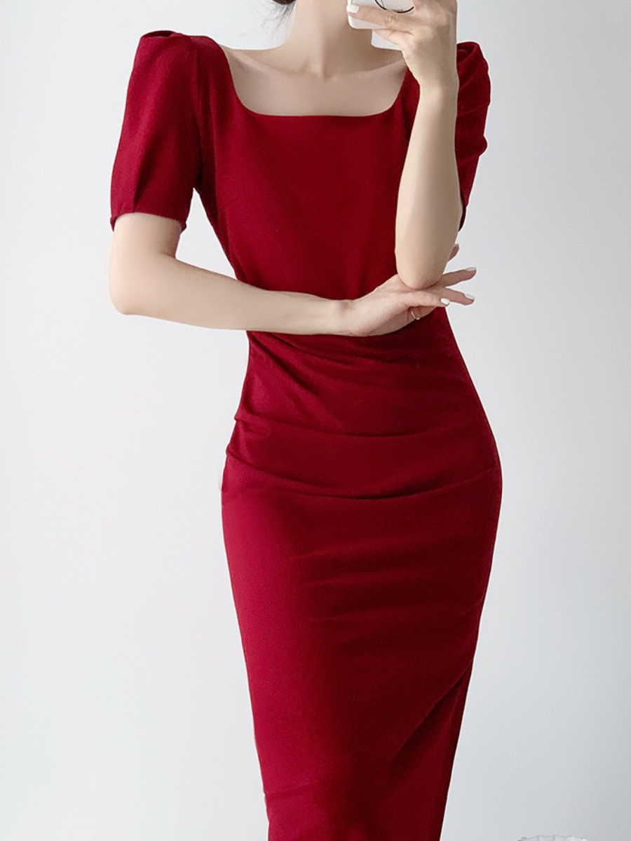 Pya Puff Sleeve Square Neck Side Slit Midi Dress The Black Bow