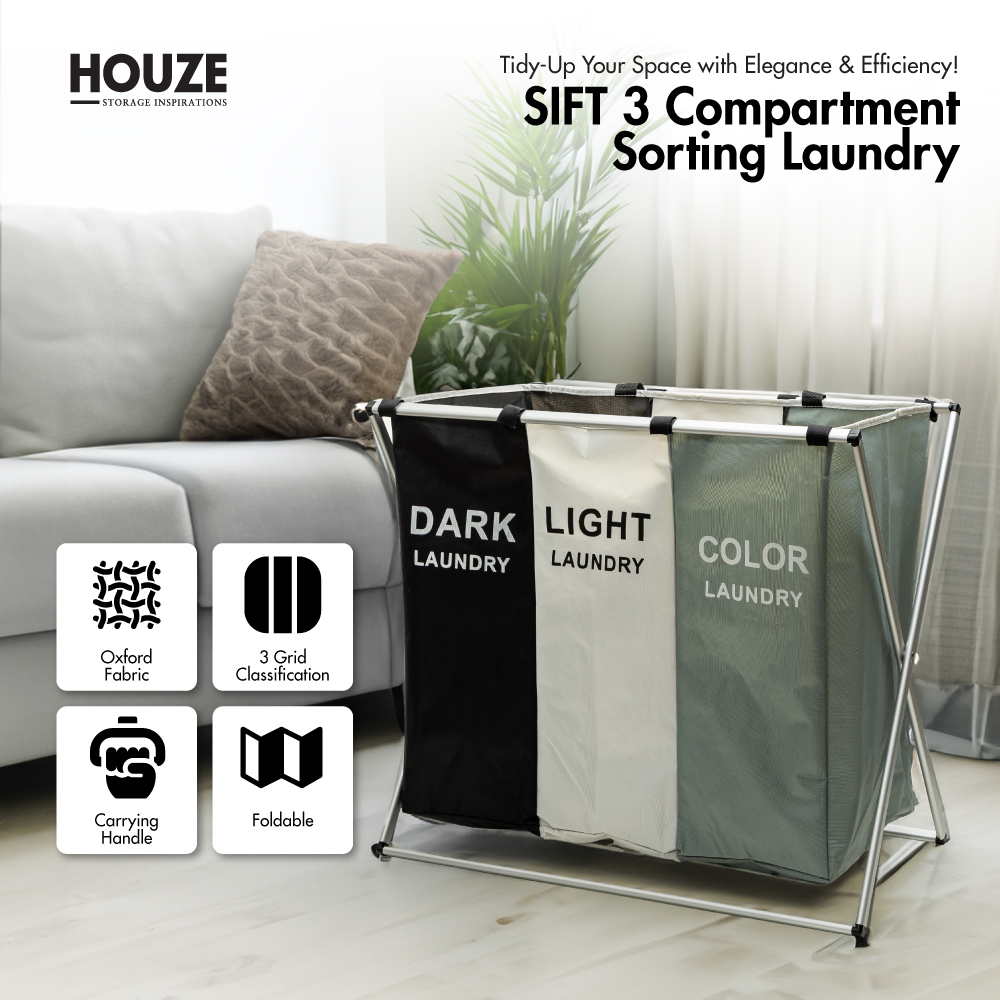 HOUZE SIFT 3 Compartment Sorting Laundry Hamper Laundry Bag - Washing