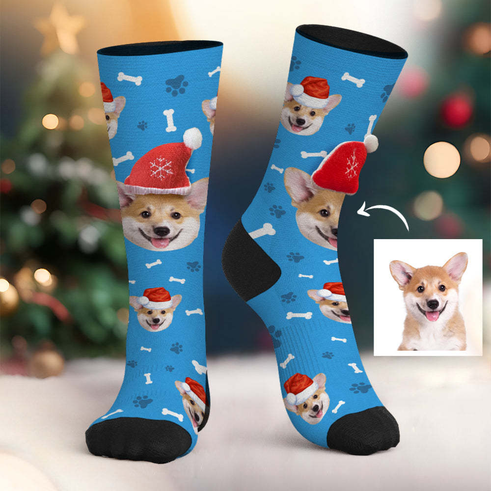 Custom Dog Face Socks Personalized 3D Santa Hat Socks Merry Christmas