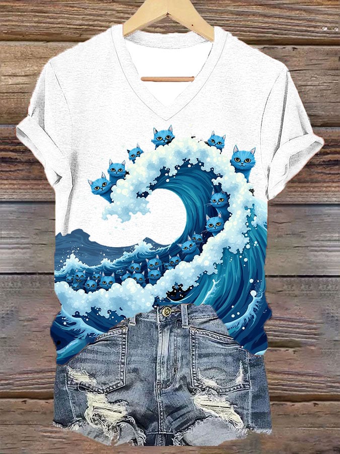 Women's Blue Wave&Cats Print T-Shirt