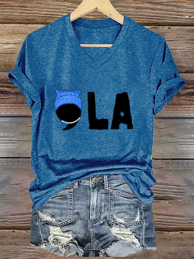 Women's Pearls&Pussy Hat Cat Comma La Print T-Shirt