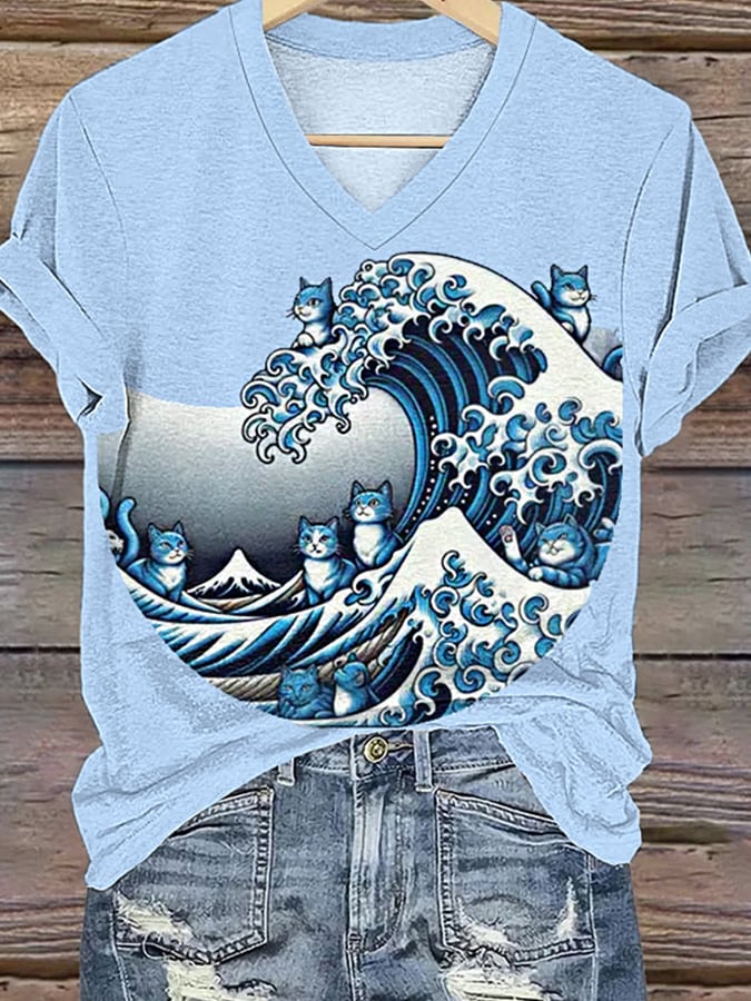 Women's Blue Wave Cats Print V-Neck Tee