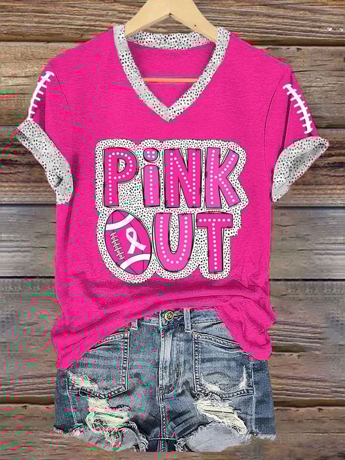 Women's Pink Out Football Breast Cancer Print T-Shirt