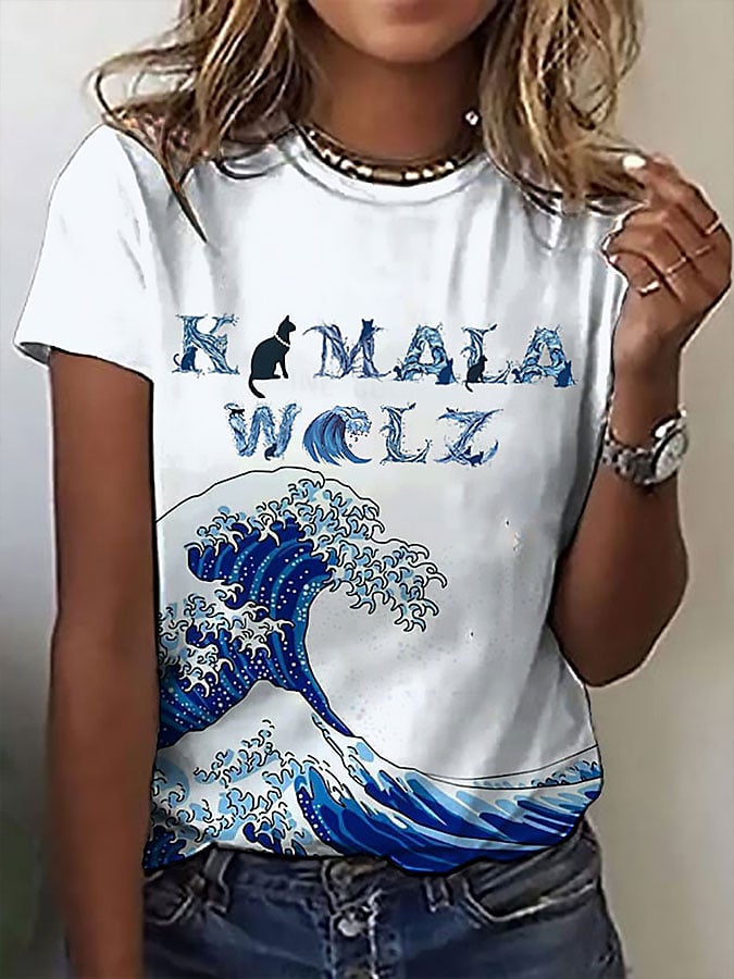 Women's Blue Wave&Cats Comma La Print T-Shirt