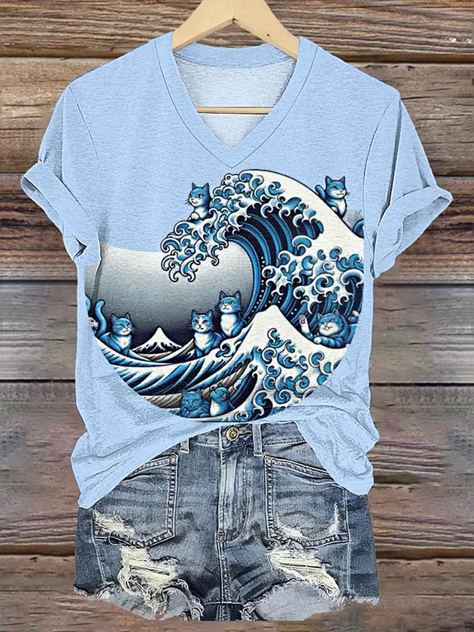 Women's Blue Wave Cats Print V-Neck Tee