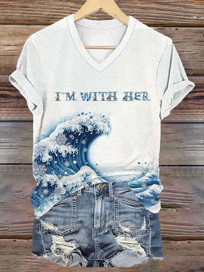 Women's Blue Wave I‘m With Her Print V-Neck T-Shirt