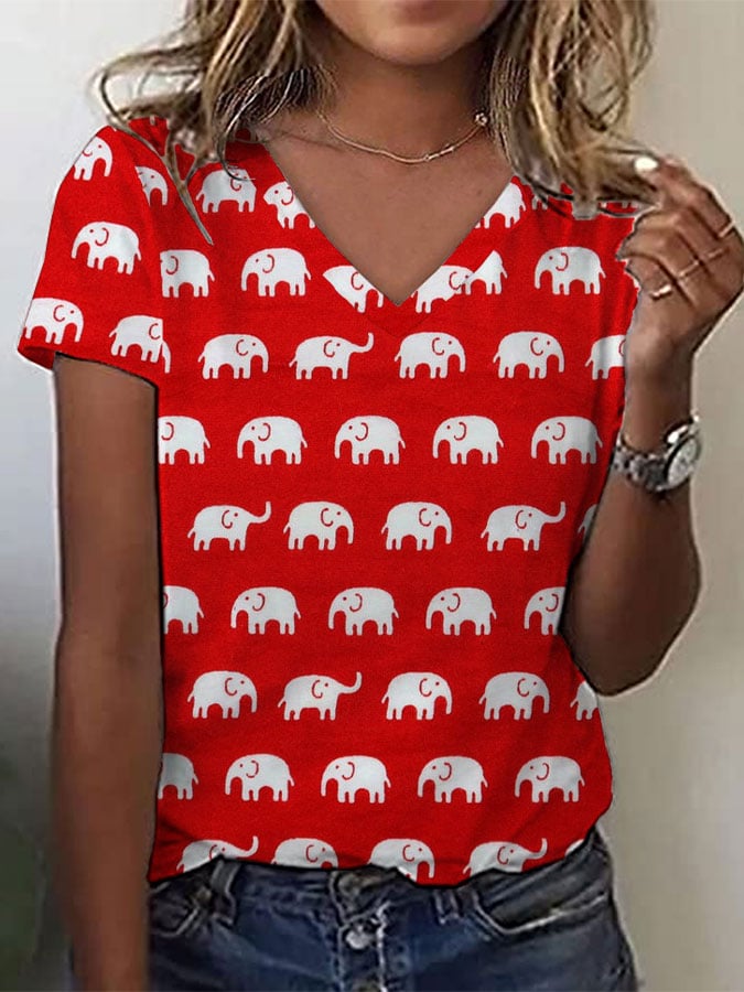 Women's Red Elephant Print V Neck T-Shirt