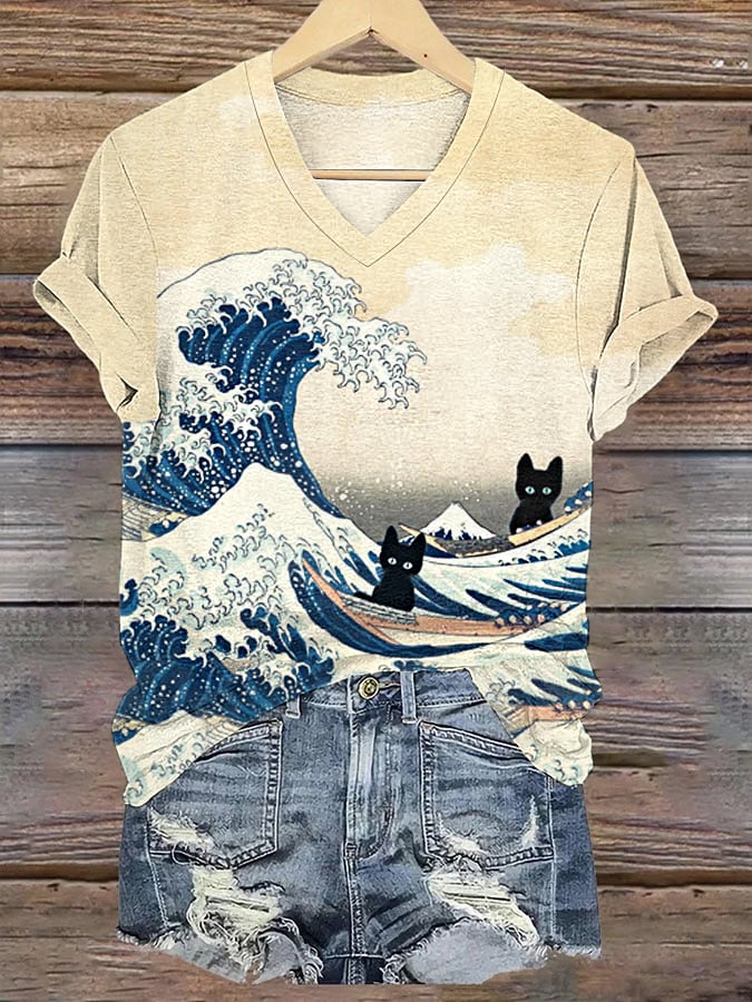Women's Blue Wave Cats Print Casual V Neck Tee
