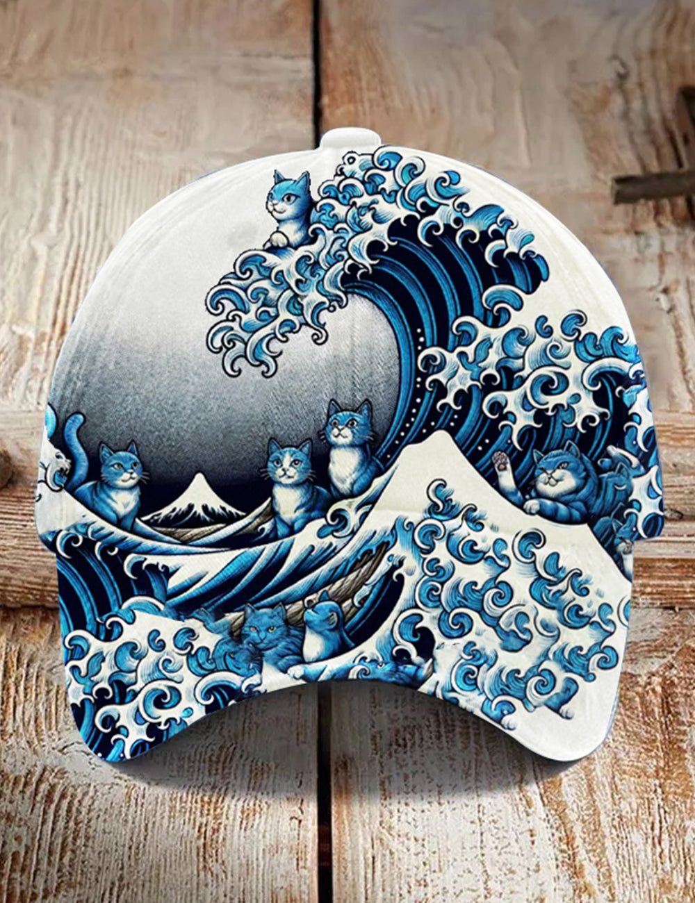 Blue Waves&cats Print Hat