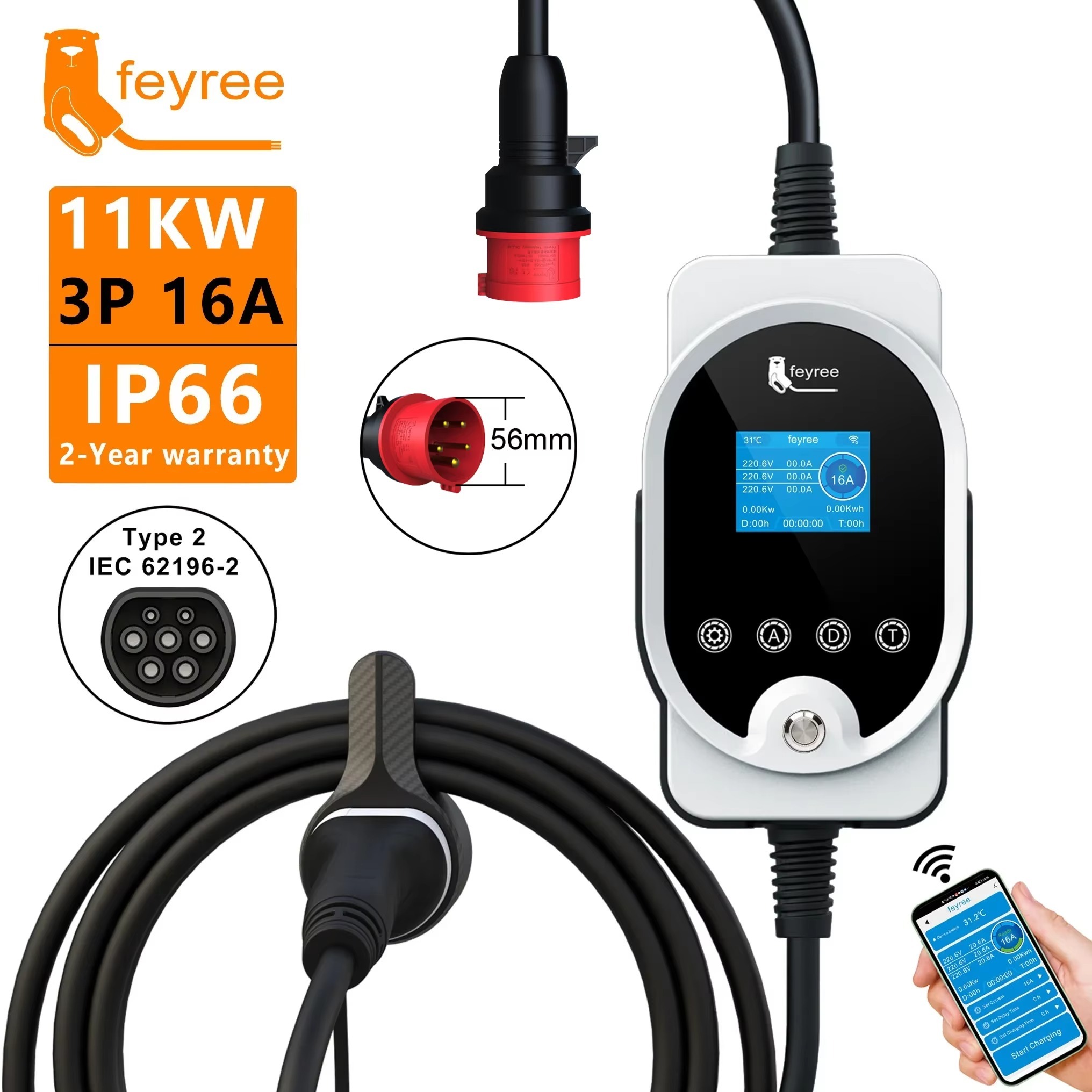 feyree Master Type 2 EV Charger : Smart APP Bluetooth 11KW - 16A 3 ...
