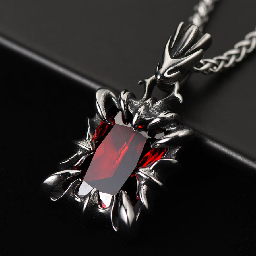 Men's Gothic Dragon Claw Crystal Ruby Necklace Pendant Stainless Steel ...