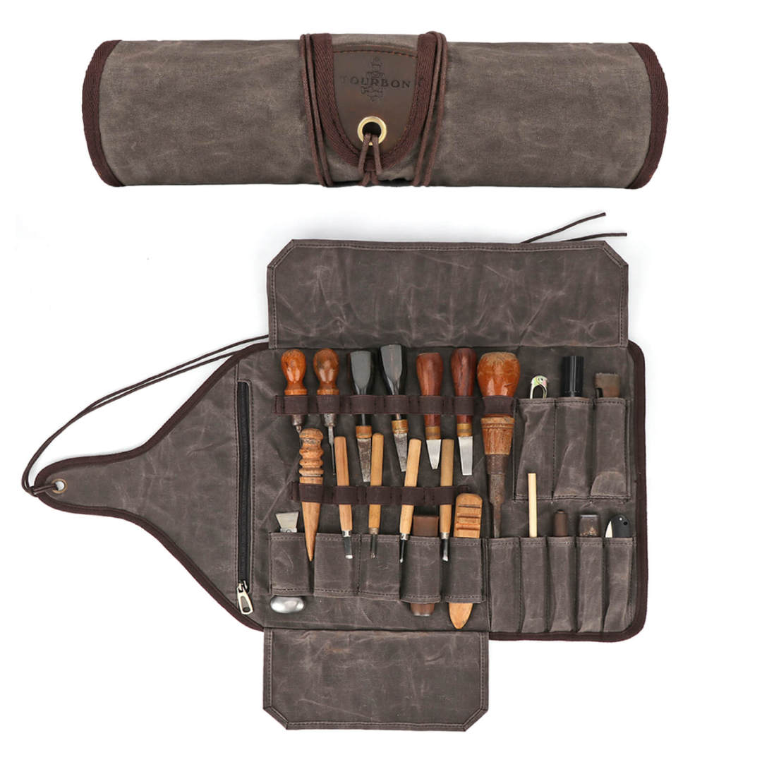 TOURBON Waxed Canvas Roll up Tool Bag Carpenter Tools Storage Pouch
