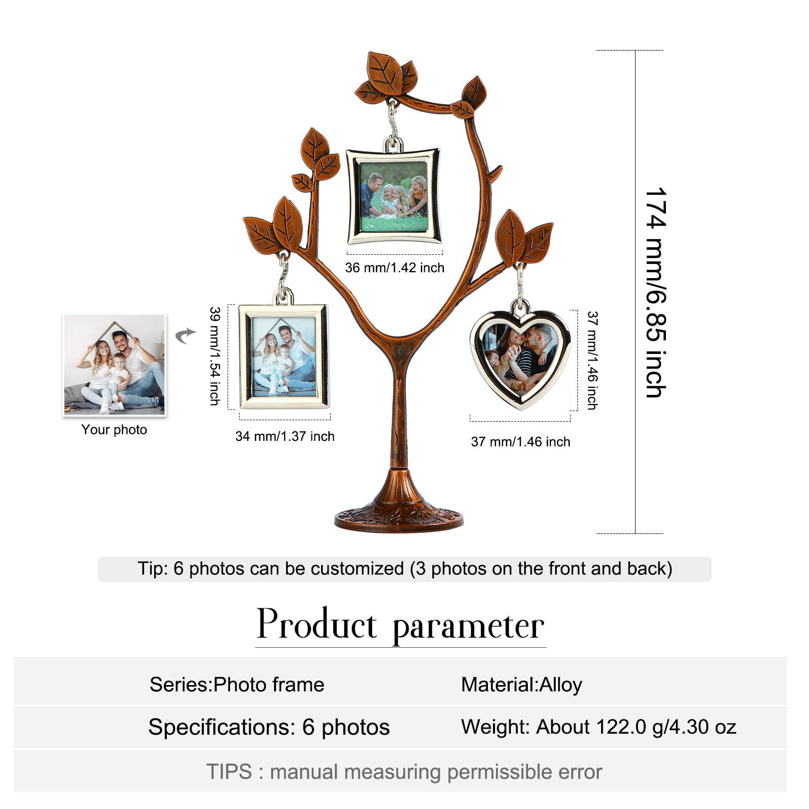 Personalized Family Tree Photo Frame 3 Pictures Desk Decoration Vintag