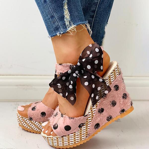Cosylands Dot Bowknot Design Platform Wedge Sandals