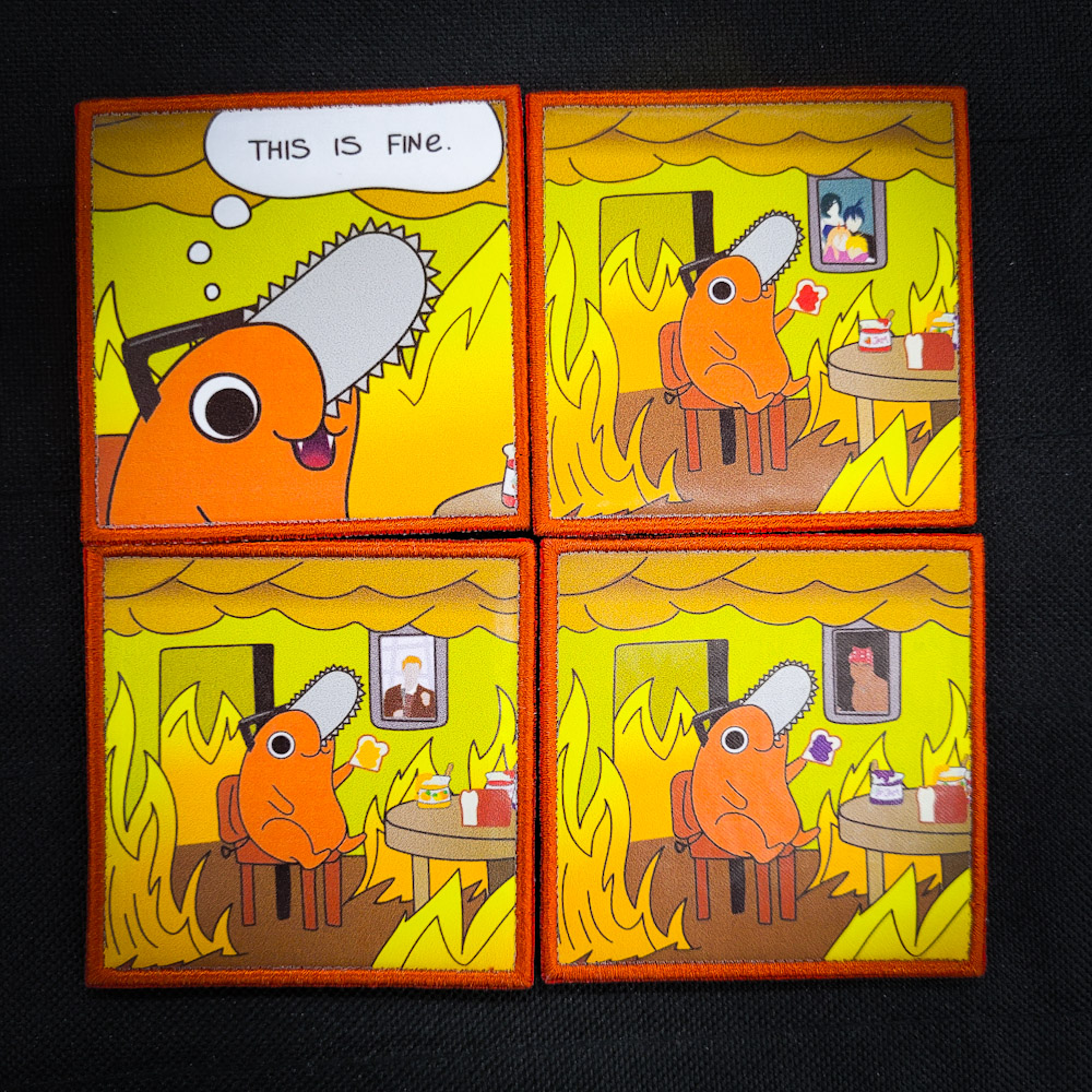 Printed Morale Patches - Chainsaw Man Pochita This is Fine Meme Morale
