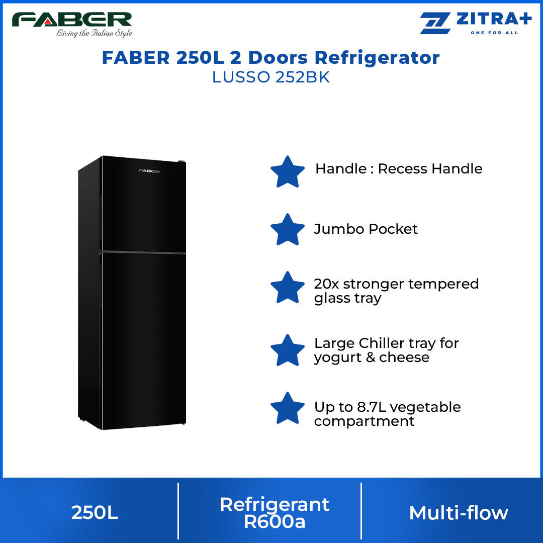 FABER 250L 2 Doors Refrigerator LUSSO 252BK | 20x Stronger Tempered Gl