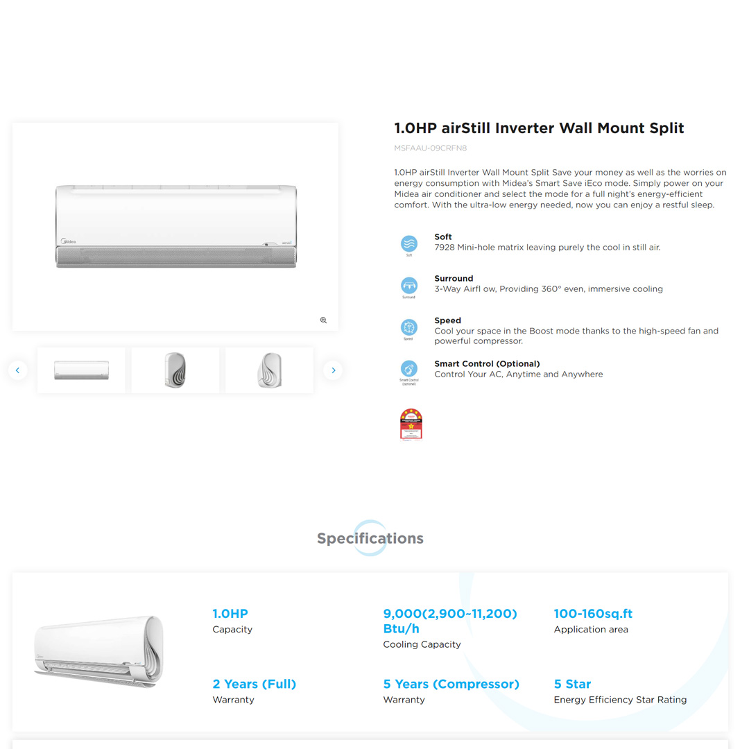 Midea 1HP R32 airStill Inverter Wall Mount Air Conditioner MSFAAU-09CR