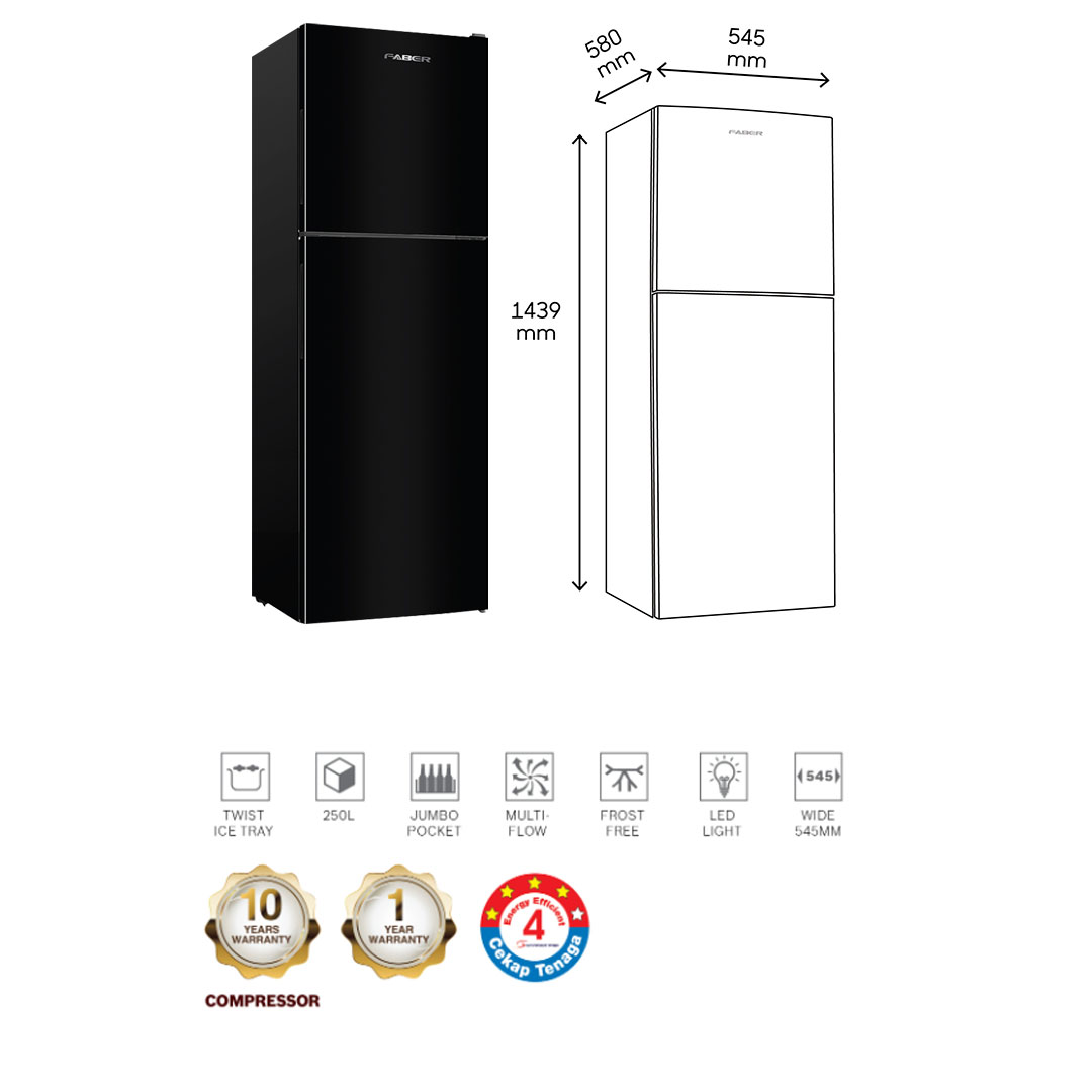 FABER 250L 2 Doors Refrigerator LUSSO 252BK | 20x Stronger Tempered Gl