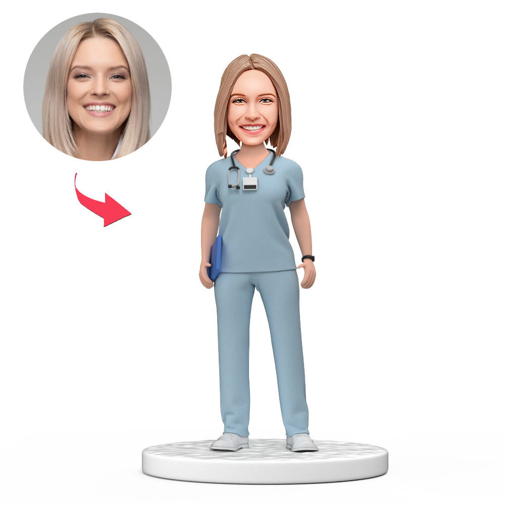 Custom Female Doctor Bobblehead in Light Blue Scrubs with Engraved Tex