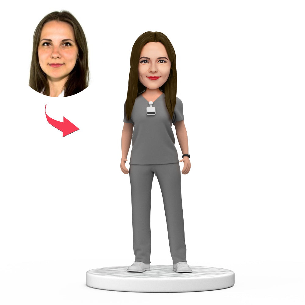 Custom Female Doctor Bobblehead in Grey Scrubs with Engraved Text Nati