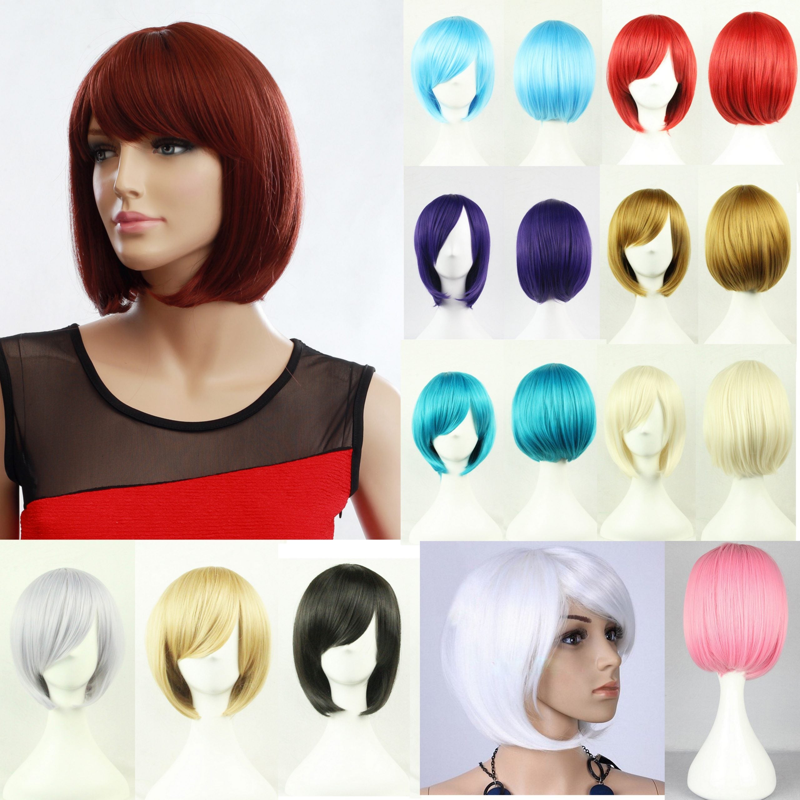 Womens Short 30cm Straight Synthetic BOB Wigs w Side Bangs Cosplay Costume Party
