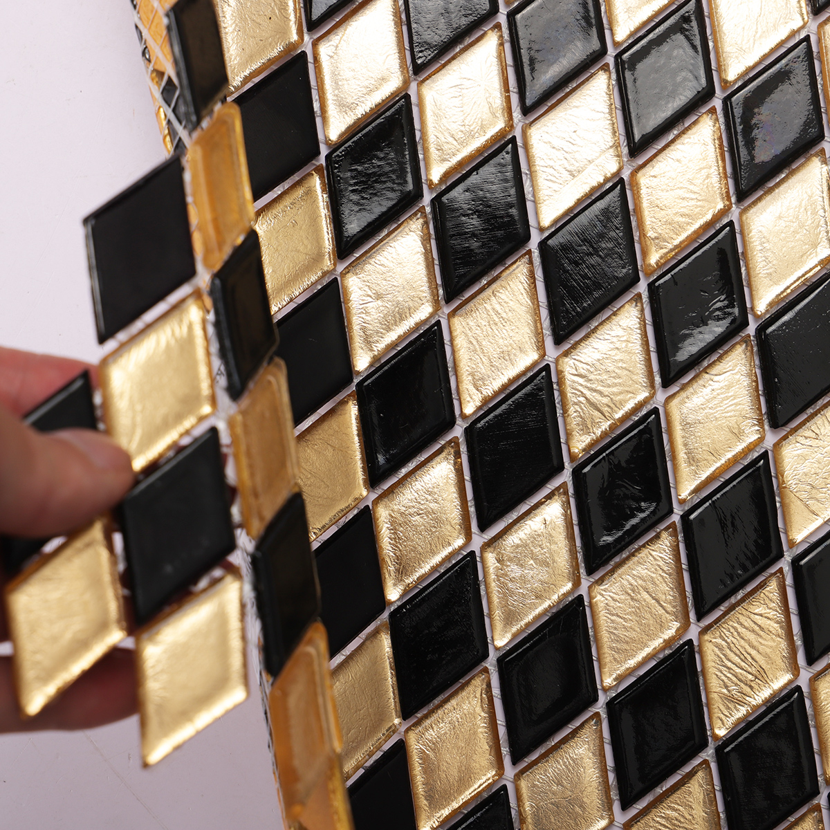 Diamond Checkerboard Tiles Black Gold Glass Mosaic